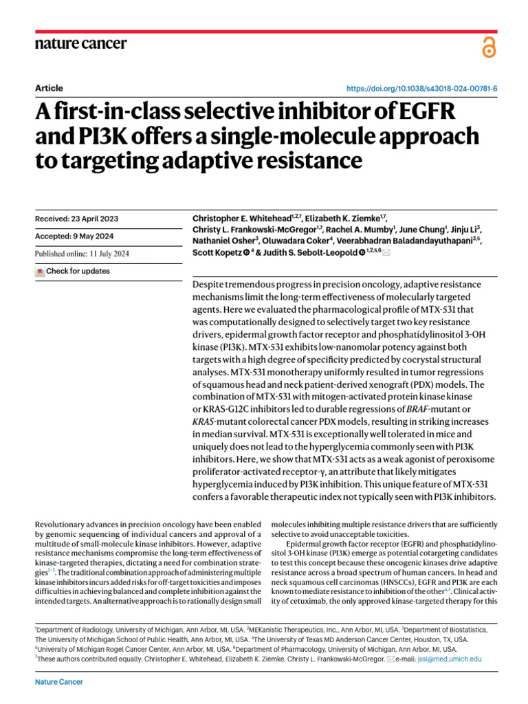 A First-In-Class Selective Inhibitor of EGFR and PI3K Offers A Single ...