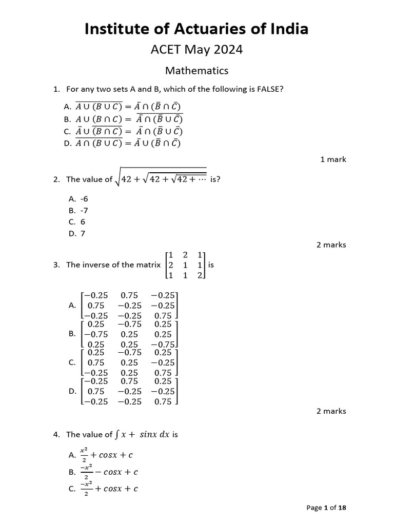 ACET May 2024 Question Paper | PDF | Probability Distribution | Mode ...