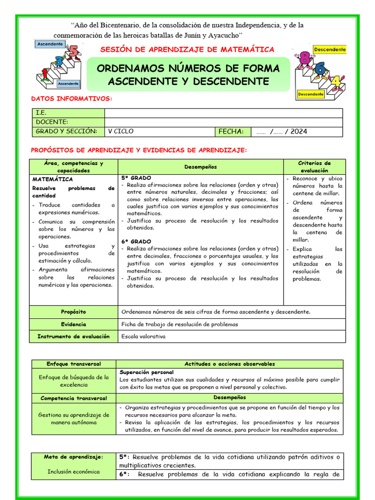 SES-LUN-MAT-ORDENAMOS NÚMEROS | PDF | Evaluación | Aprendizaje