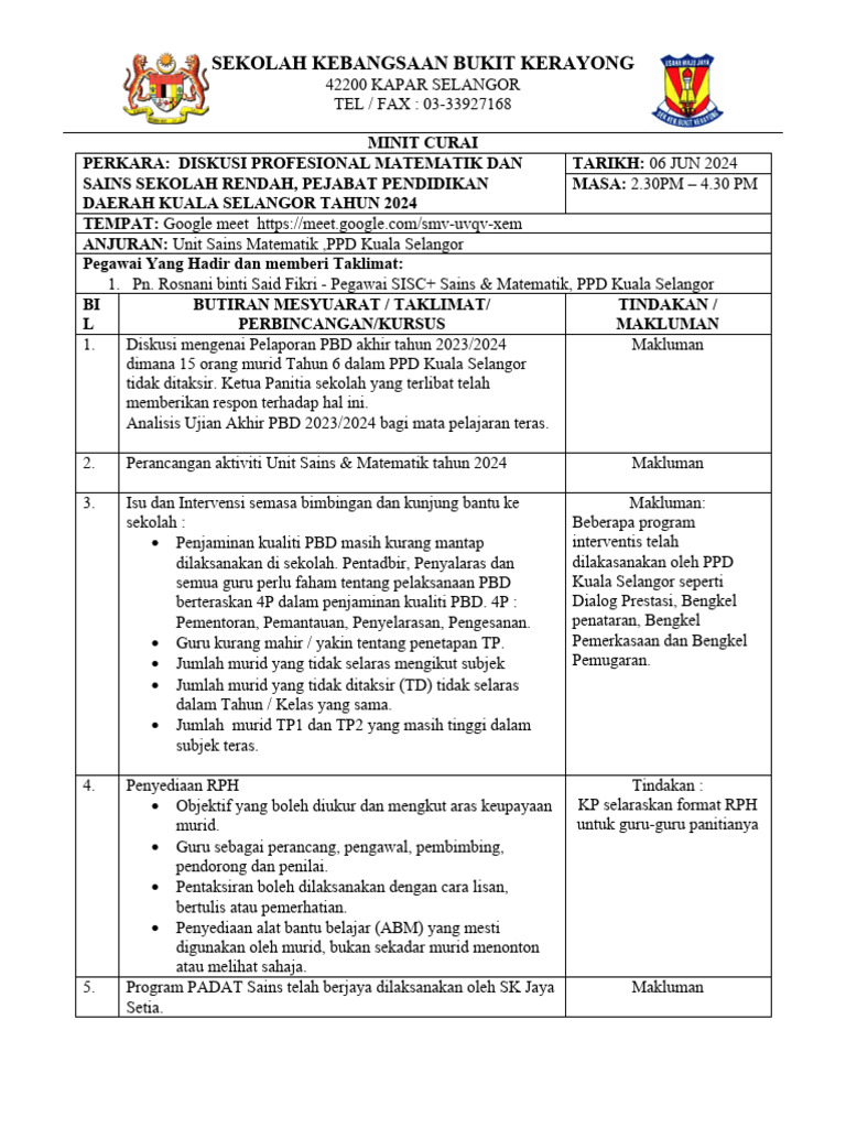 MINIT CURAI Diskusi Panitia Sains Matematik PPD Kuala Sel 2024 | PDF