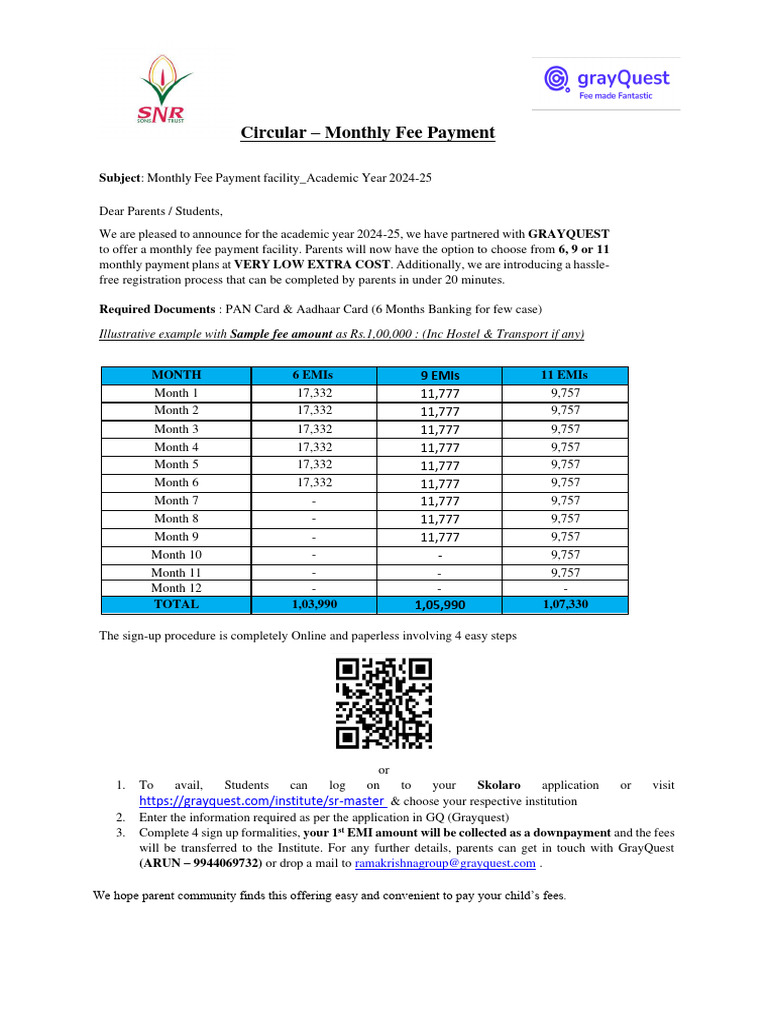 SNR - Grayquest Monthly Fee Payment Circular AY (2024-25) Upfront Model | PDF | Fee | Payments