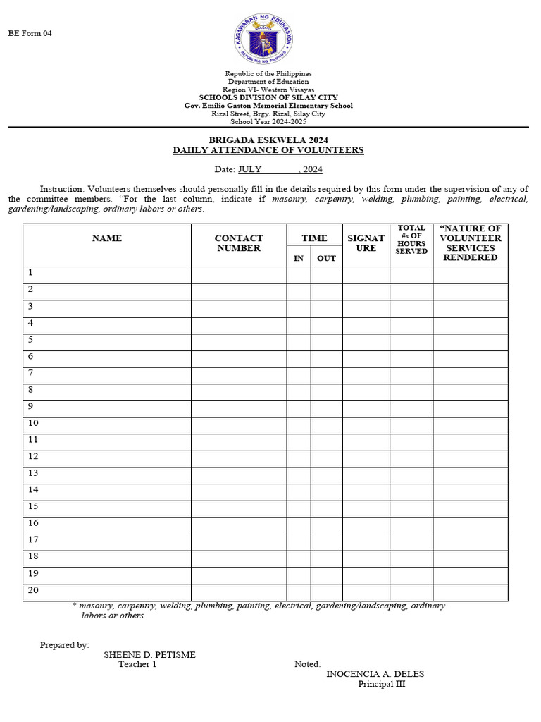 Be Form 4 Brigada Attendance 2024 2025 | PDF