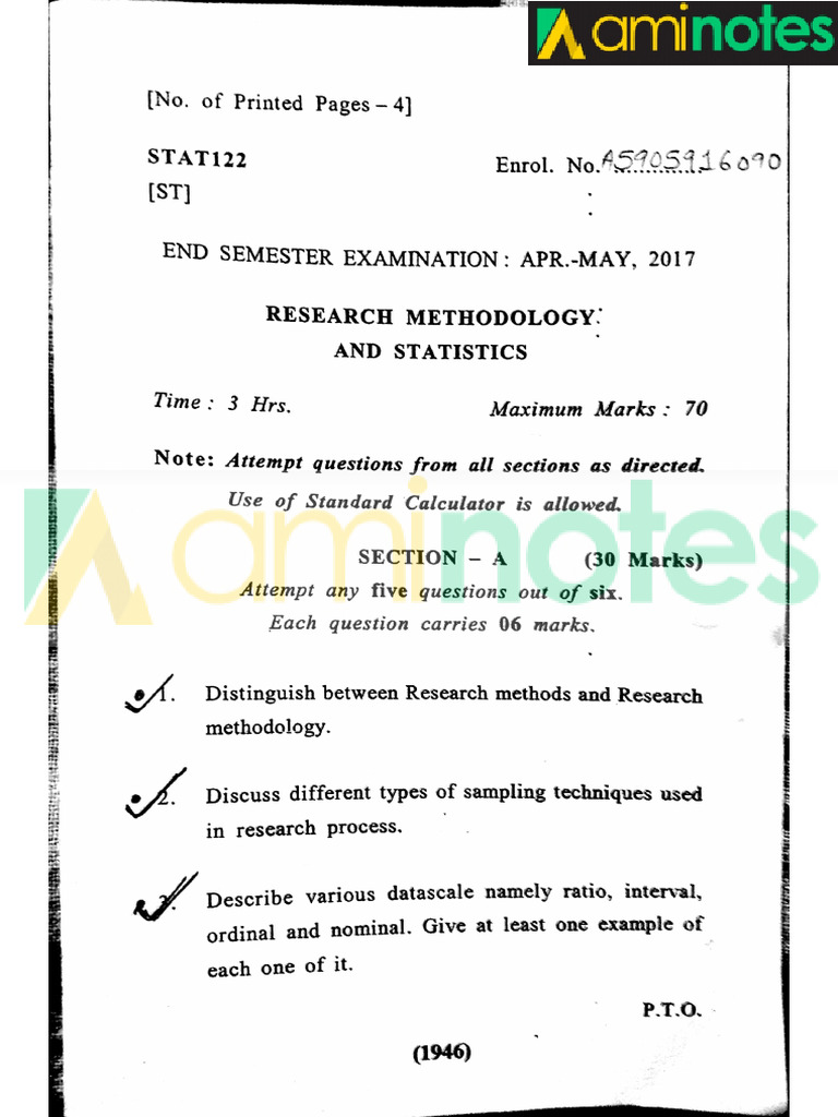 Research Methodology and Statistics (STAT112) - Question Paper ...