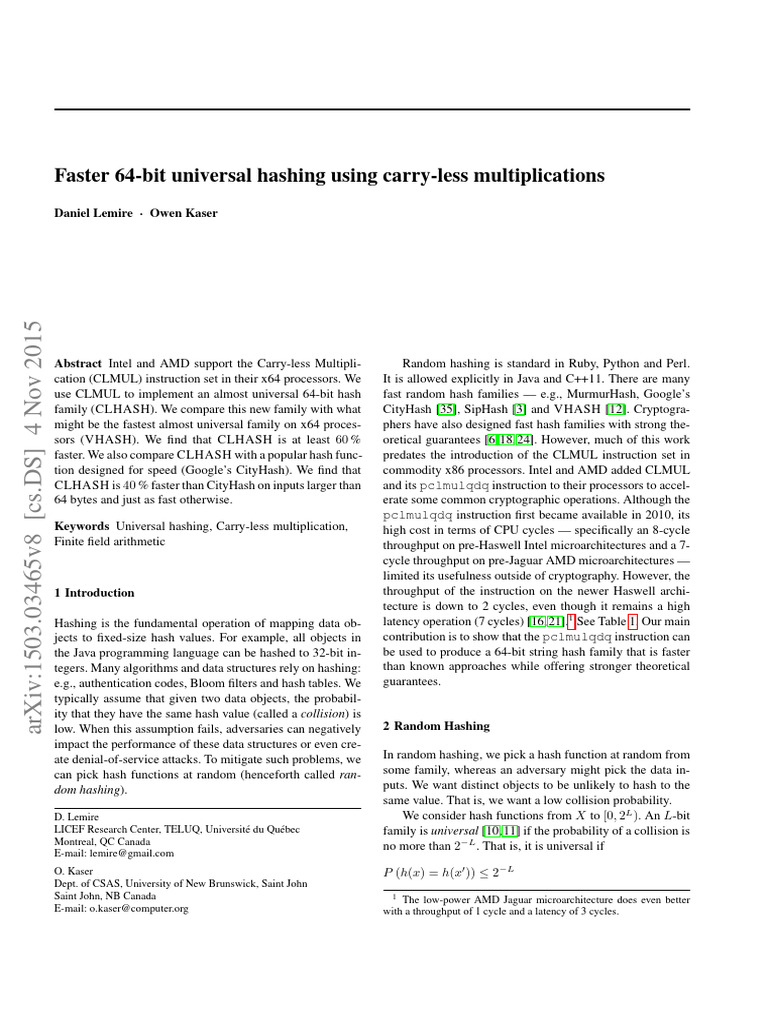 Faster 64-Bit Universal Hashing Using Carry-Less Multiplications | PDF | Central Processing Unit ...