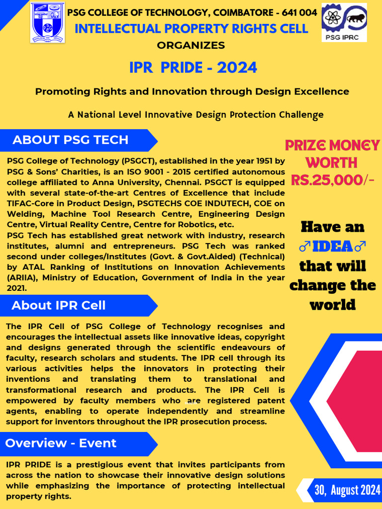 IPR PRIDE Brochure 2024 - PSG TECH | PDF | Intellectual Property | Invention