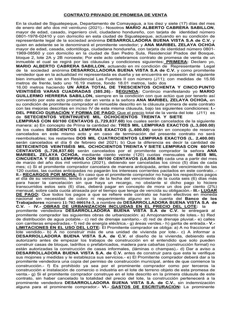 CONTRATO PRIVADO DE PROMESA DE VENTA - Semana 8 | PDF
