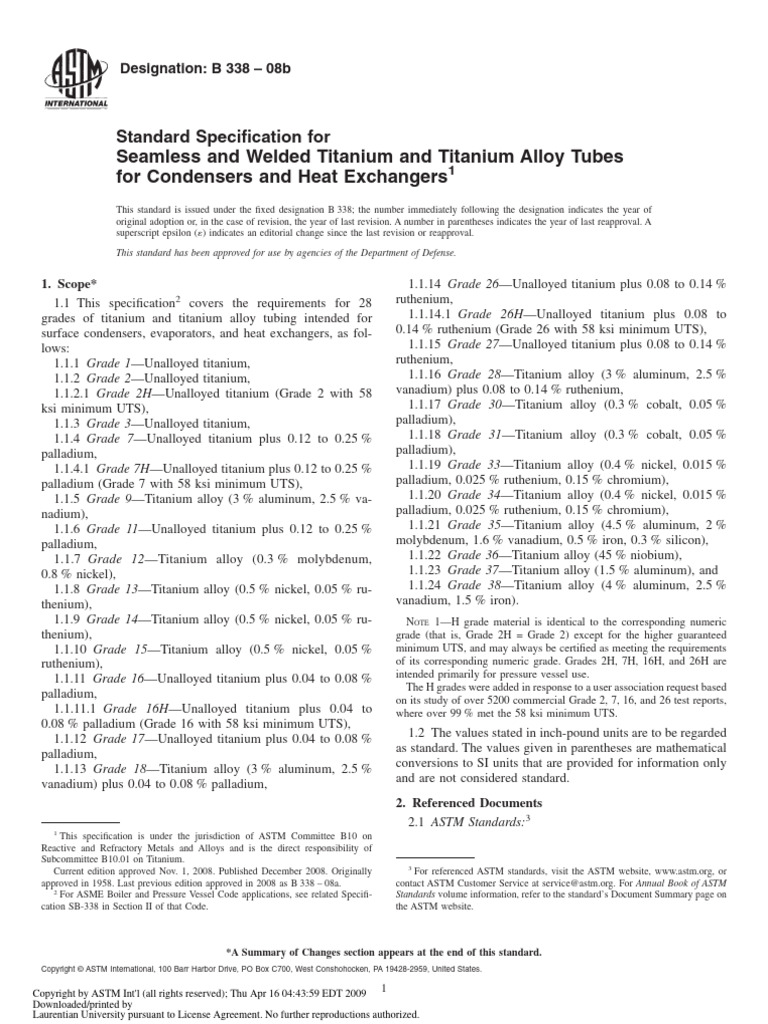 ASTM B338: Titanium Tube Standards | PDF | Pipe (Fluid Conveyance ...