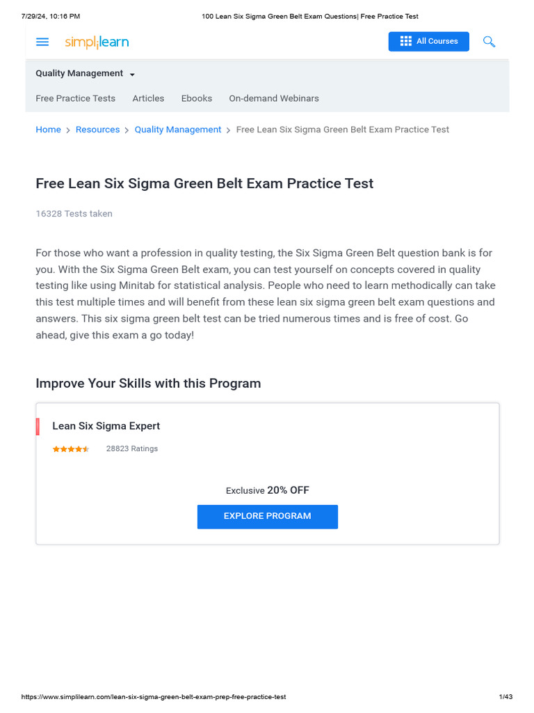 Free Lean Six Sigma Green Belt Test | PDF | Analysis Of Variance | Six ...