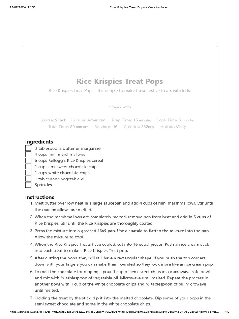 Rice Krispies Treat Pops - Mess For Less | PDF | Fat | French Fries