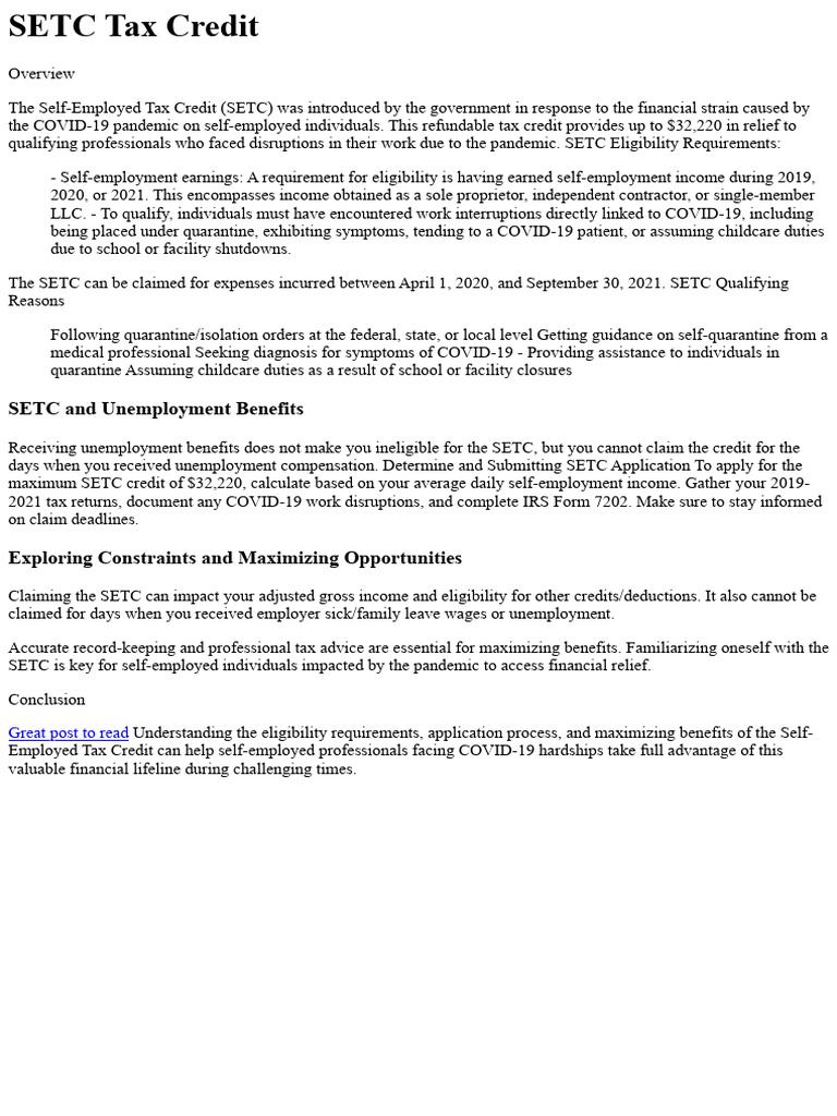 Self-Employed Tax Credit Guide | PDF | Self Employment | Small Business & Entrepreneurs