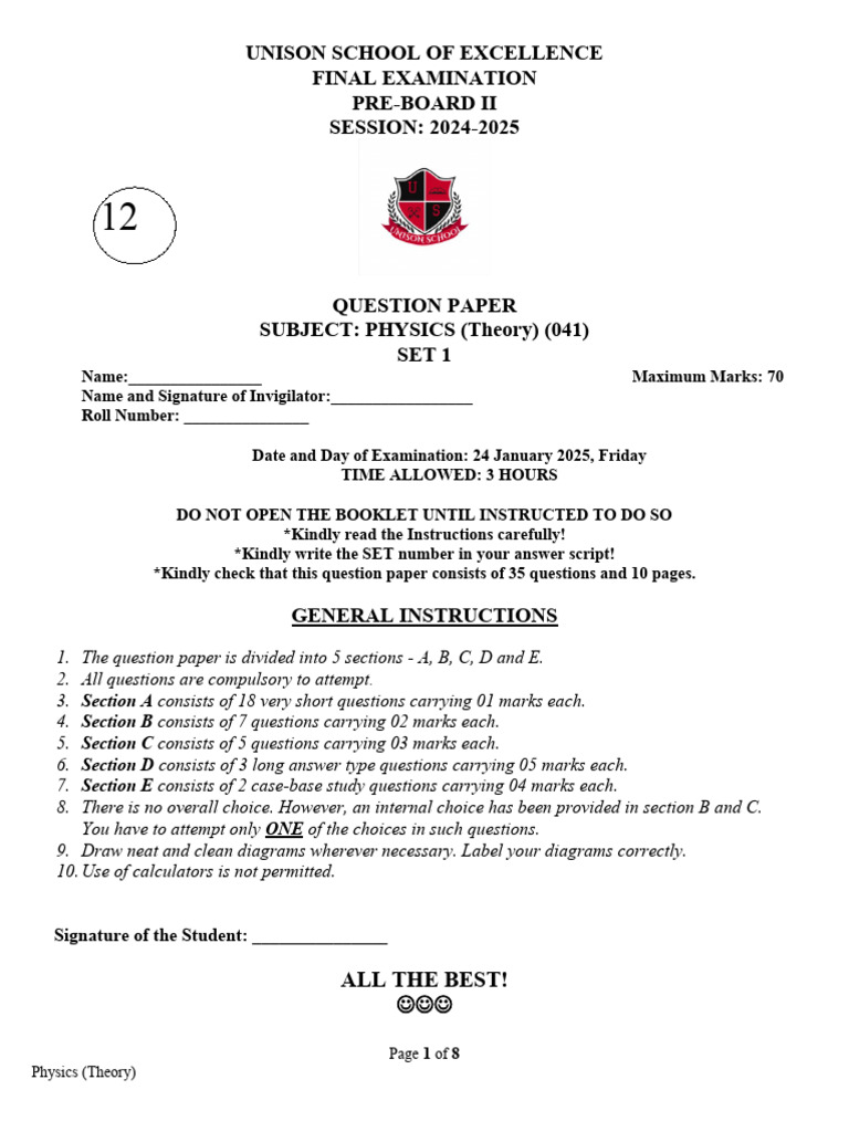 PRUDENCE SCHOOL DWARKA 22 Physics | PDF | Electromagnetic Radiation | Wavelength