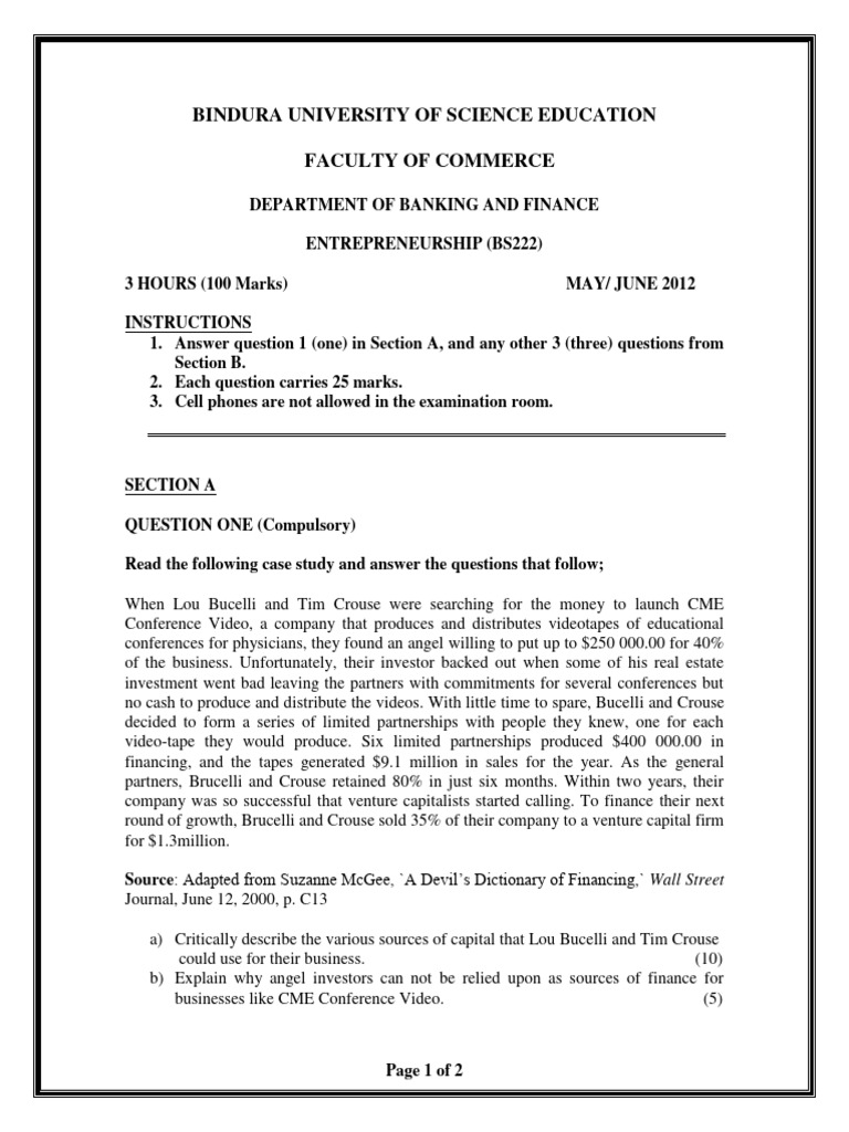 Entrepreneurship Exam Questions 2012 | PDF | Entrepreneurship | Economies
