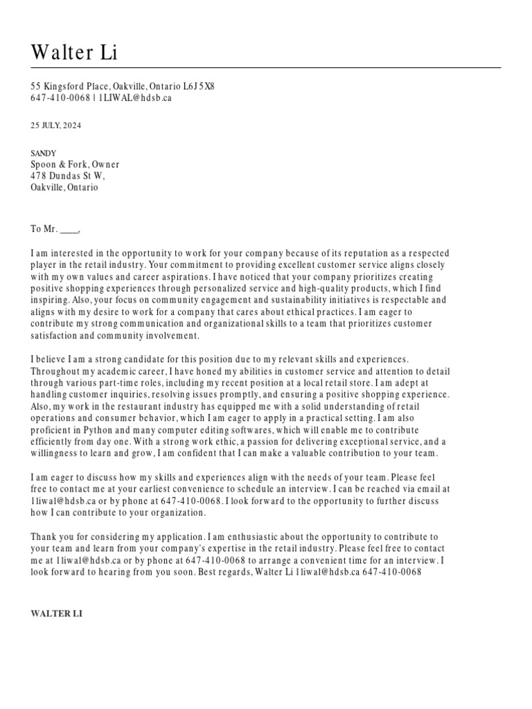 Walter Li Cover Letter - Cover Letter | PDF | Retail | Business
