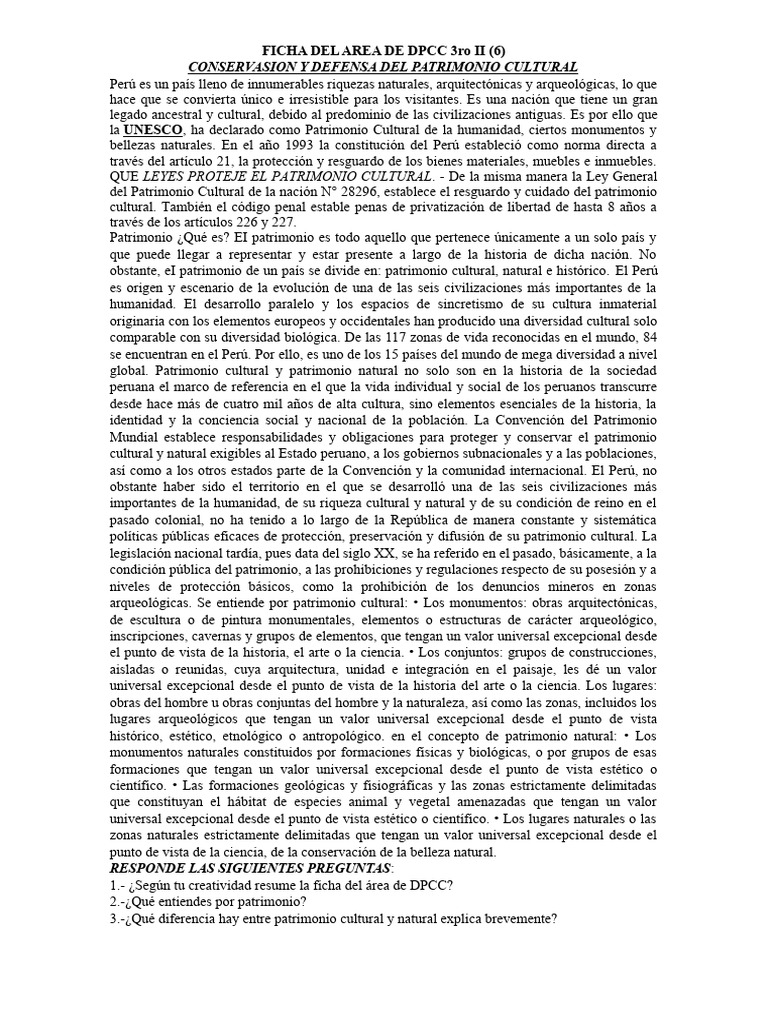 Ficha Del Area de DPCC 3ro II | PDF | Patrimonio cultural | Perú