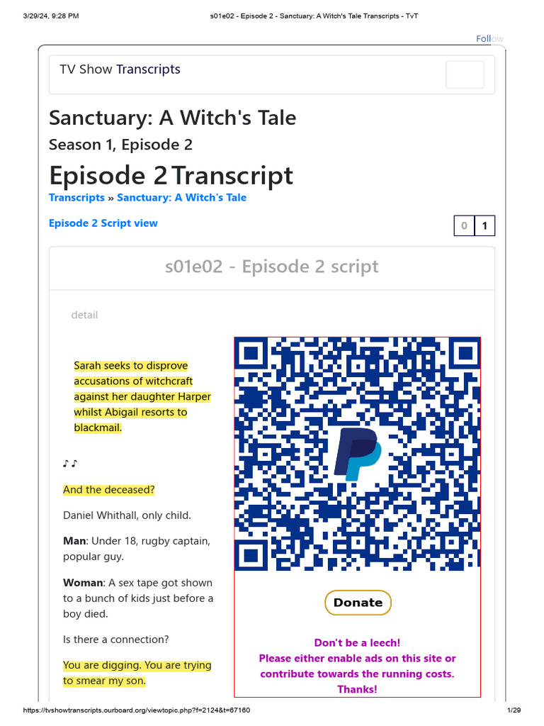 S01e02 - Episode 2 - Sanctuary - A Witch's Tale Transcripts - TVT | PDF ...