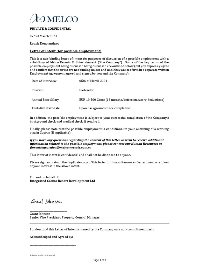 Letter of Intent - Rousis Konstantinos - Bartender | PDF