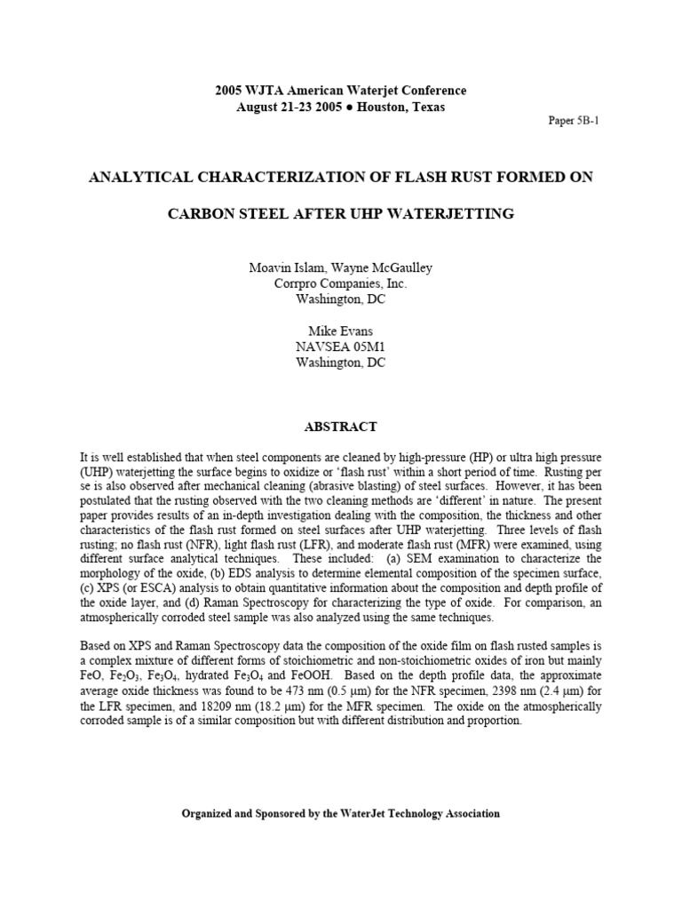 Analytical Characterisation of Flash Rust Formed On Caron Steel After ...