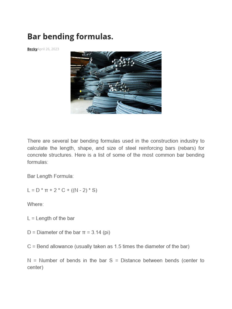 Bar Bending Formulas for Construction | PDF