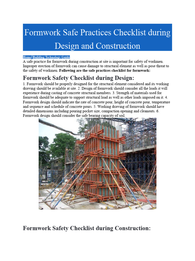 Safety Checklist During Formwork of Concrete | PDF | Concrete | Materials