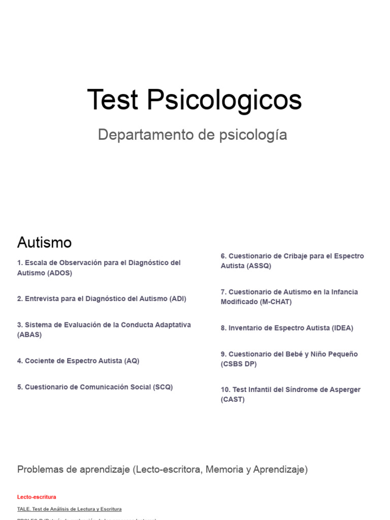 Test Psicologicos | PDF | Espectro autista | Desorden hiperactivo y ...