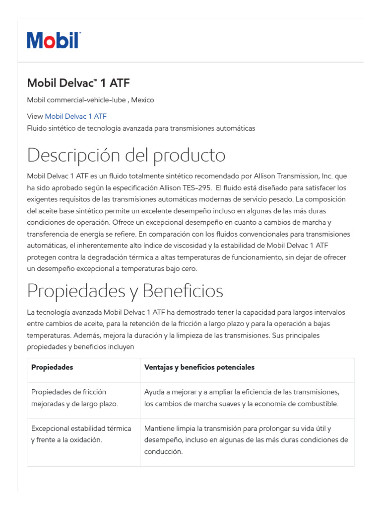 Mobil Delvac™ 1 ATF | PDF | Lubricante | Física Aplicada e ...