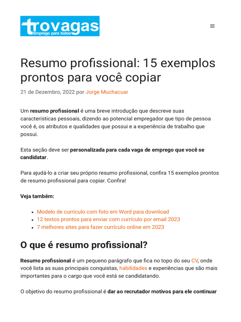 Resumo Profissional - 15 Exemplos Prontos para Você Copiar | PDF ...