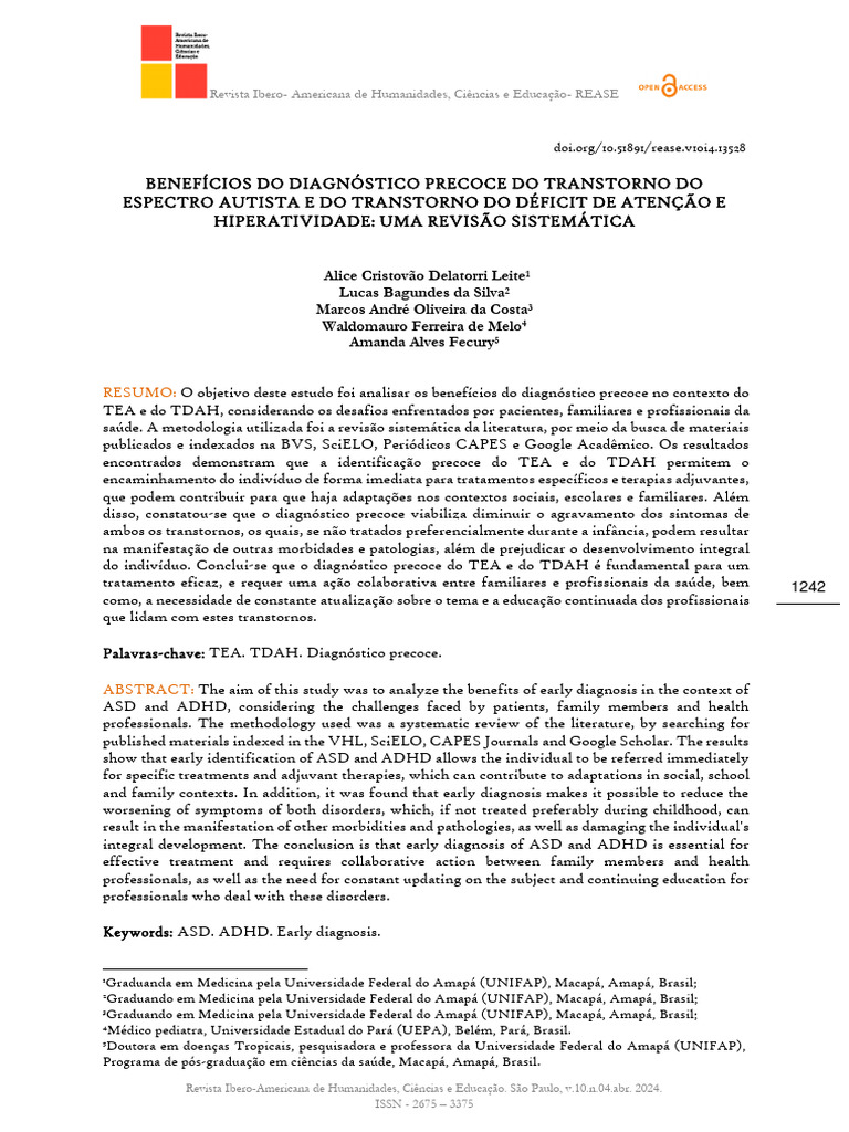 Benefícios Do Diagnóstico Precoce Do Transtorno Do Espectro Autista e Do Transtorno Do Déficit ...