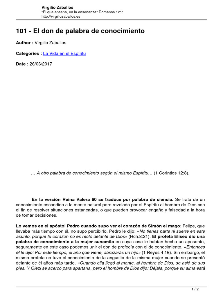 101 El Don de Palabra de Conocimiento | PDF | Conocimiento | Sabiduría