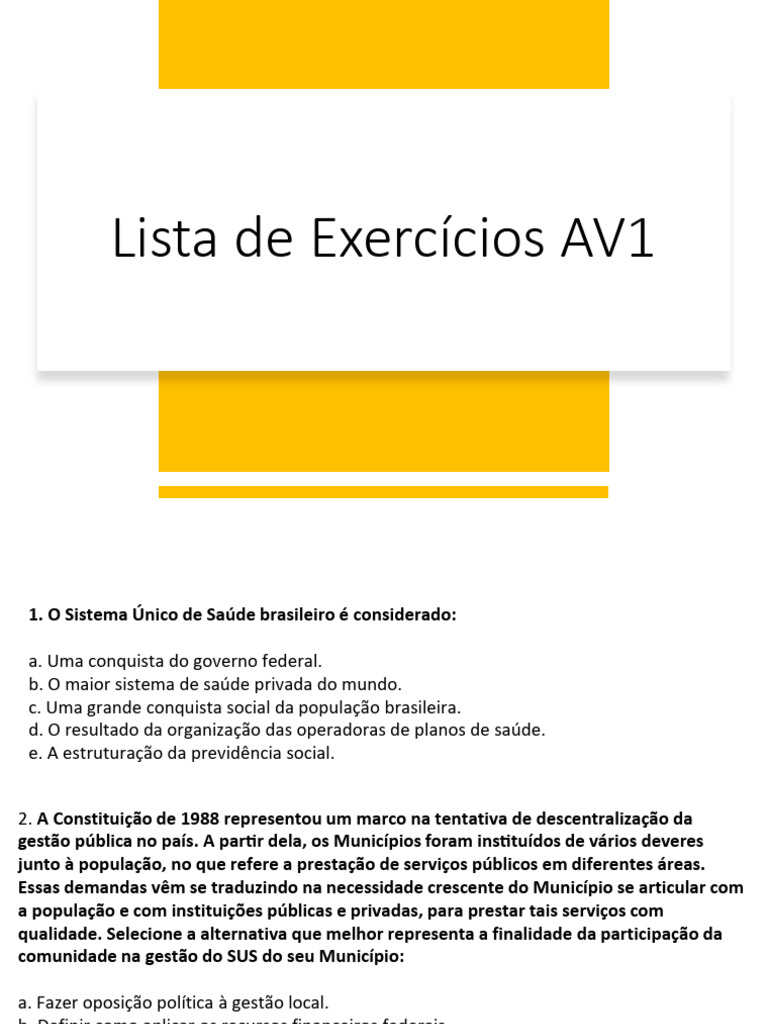 Lista de Exercícios AV1 2023 1 | PDF | Saúde pública