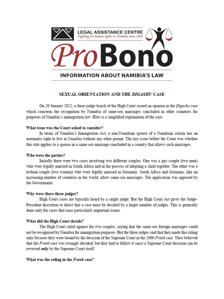 Digashu Case: Same-Sex Marriage Rights in Namibia | PDF | Judgment (Law ...