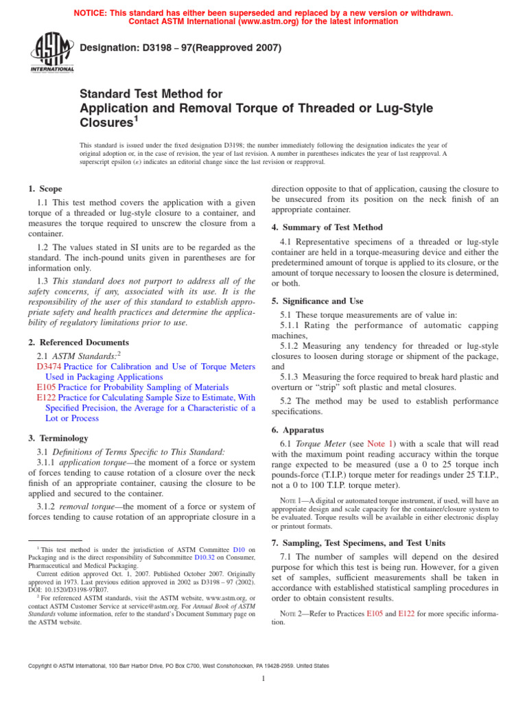 Application and Removal Torque of Threaded or Lug-Style Closures | PDF ...