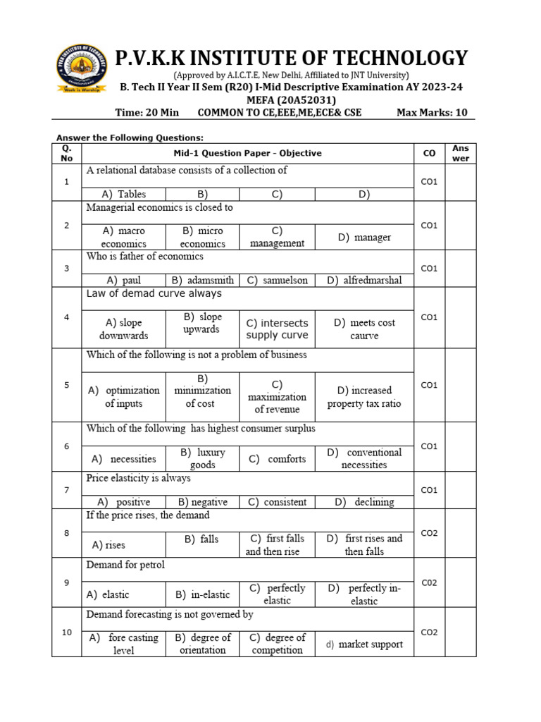 B.Tech MEFA I-Mid Exam Questions 2023 | PDF | Demand | Elasticity ...