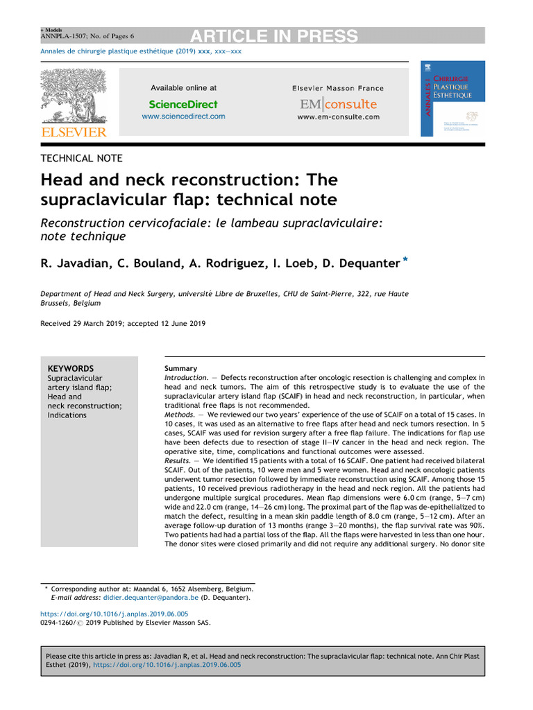 Supraclavicular Flap in Head and Neck Reconstruction | PDF | Medical ...