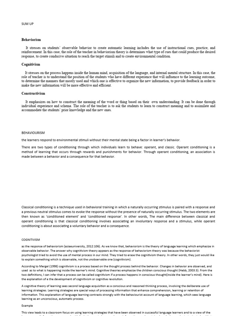 SUM UP Theories | PDF | Constructivism (Philosophy Of Education) | Learning