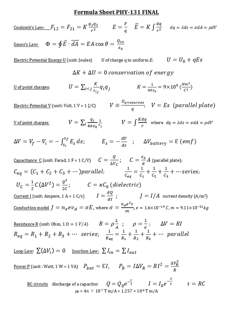 Formula Sheet Final | PDF | Capacitance | Metrology Formula Sheet Final | PDF | Capacitance | Metrology