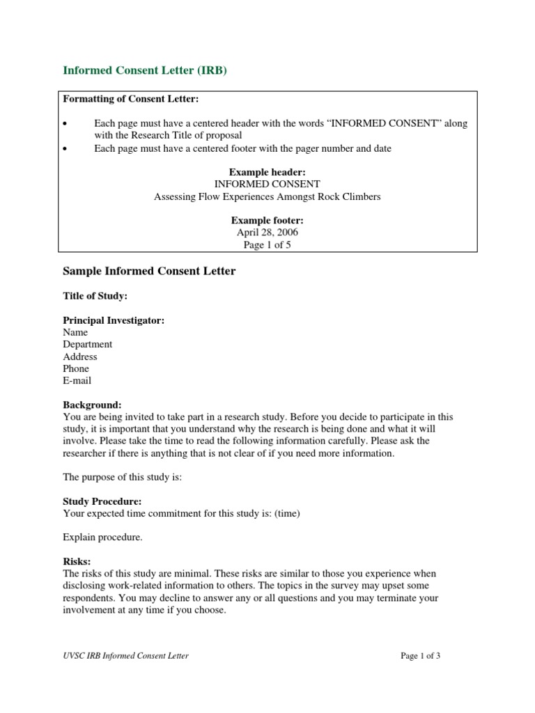 IRB Sample Informed Consent Letter | PDF | Institutional Review Board | Informed Consent