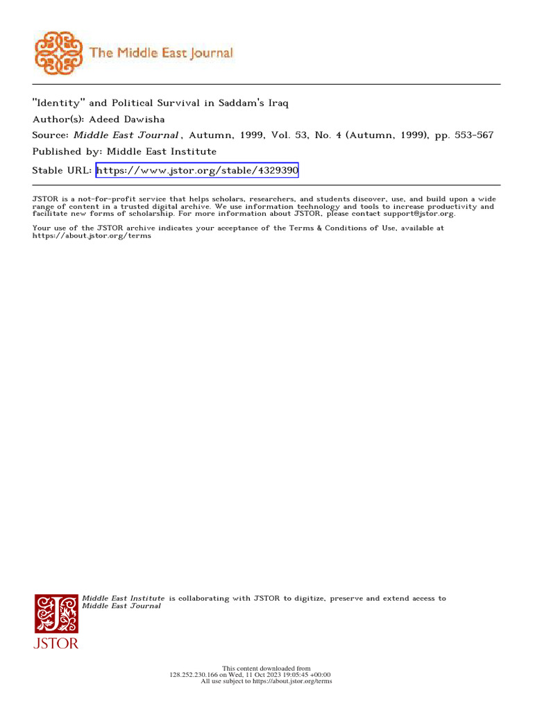 Dawisha IdentityPoliticalSurvival 1999 | PDF | Saddam Hussein | Iraq