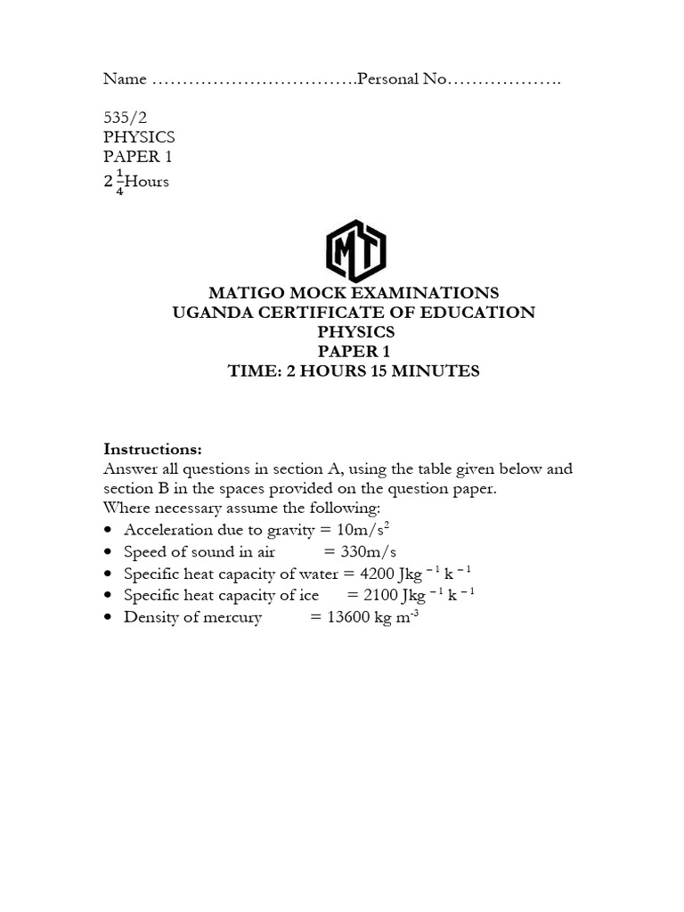 Matigo Mock Examinations 2023 Physics s.4 | PDF | Inductor | Pressure