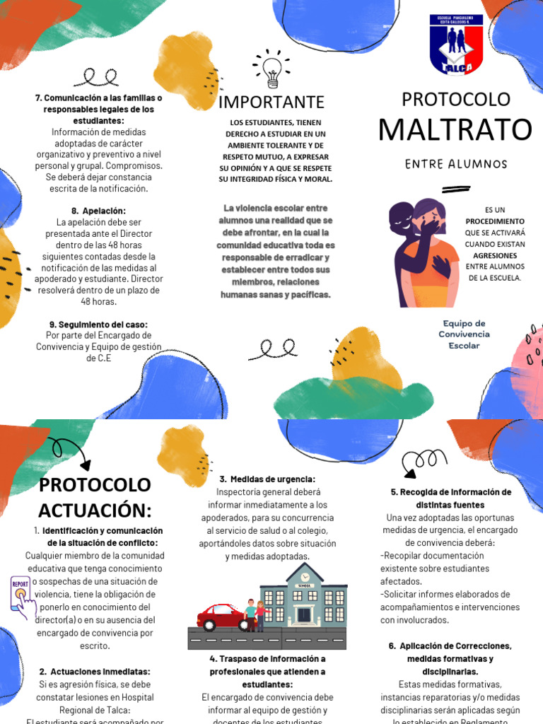 Triptico Protocolo Maltrato Entre Alumnos Escuela Panguilemo | PDF | Abuso infantil | Violencia