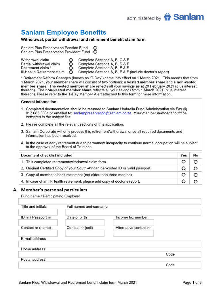 Sanlam Plus Withdrawal & Retirement Form | PDF | Retirement | Banks