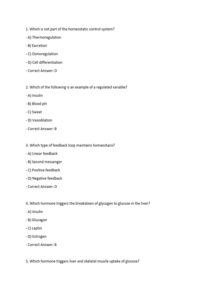 HOMEOSTASIS Practice Questions - BIO 102 | PDF | Homeostasis | Cortisol