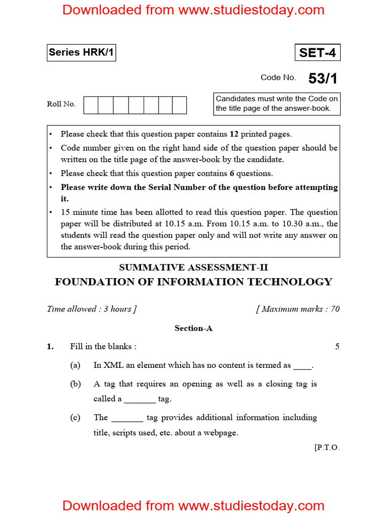 CBSE Class 10 Foundation of Information Technology Question Paper Set 2 ...