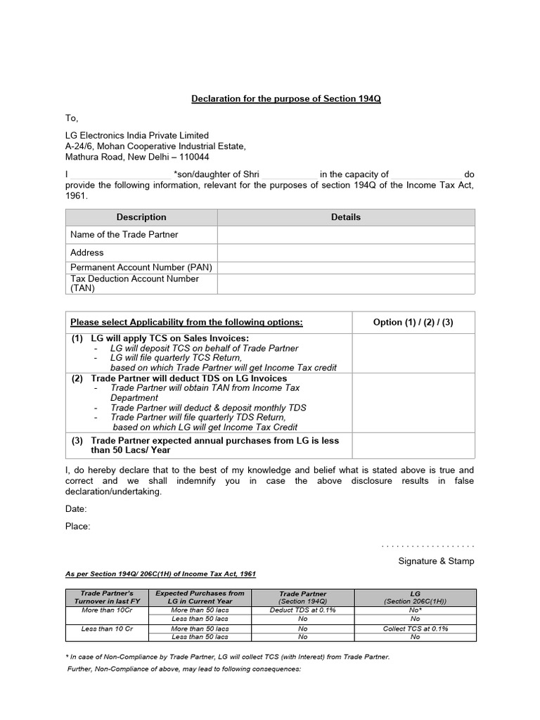 1 TDS-TCS Declaration (Option To Customer) | PDF | Taxes | Public Finance