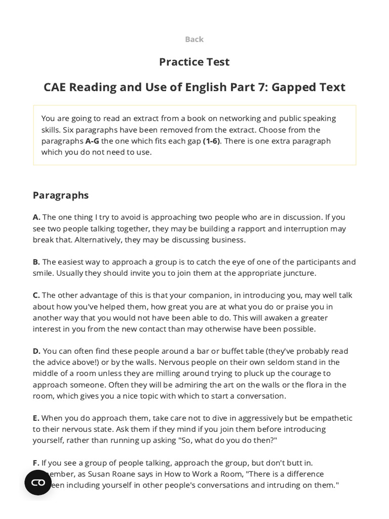 CAE Reading Part 7: Gapped Text Practice | PDF