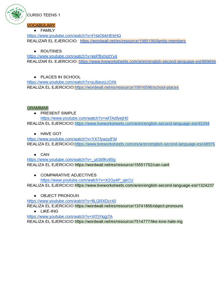 REPASO MID TERM TEENS 1 You | PDF