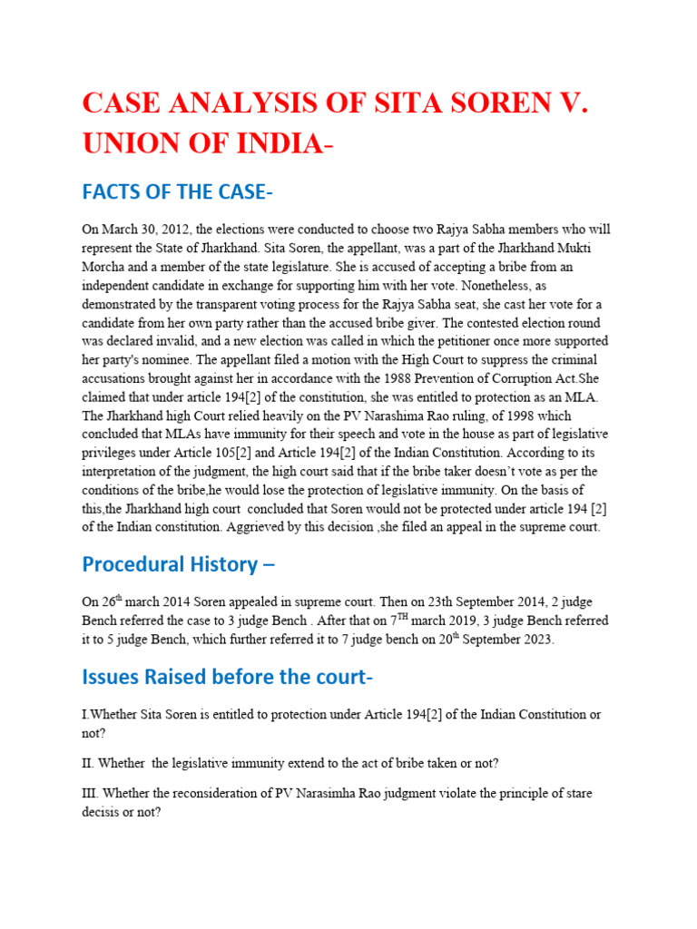 CASE ANALYSIS OF SITA SOREN V NNN | PDF | Parliamentary Immunity | Bribery