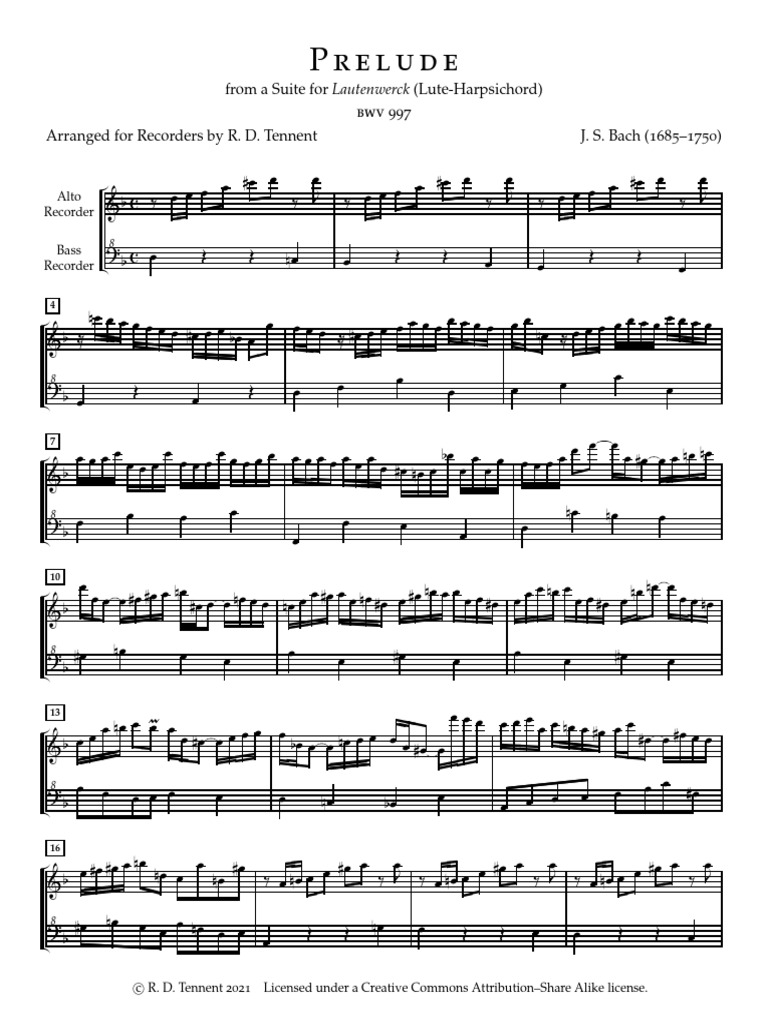 BACH - bwv997 Prelude (DOS FLAUTAS DULCES) | PDF