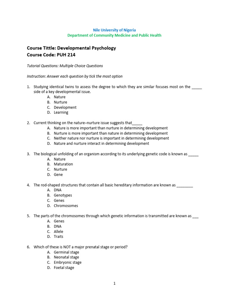 Developmental Psychology - Tutorial MCQ | PDF | Prenatal Development | Adolescence