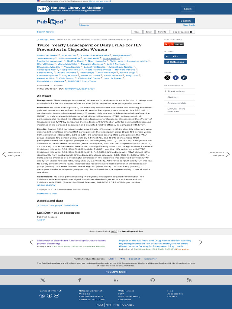 Twice-Yearly Lenacapavir or Daily F:TAF For HIV Prevention in Cisgender Women - PubMed | PDF ...