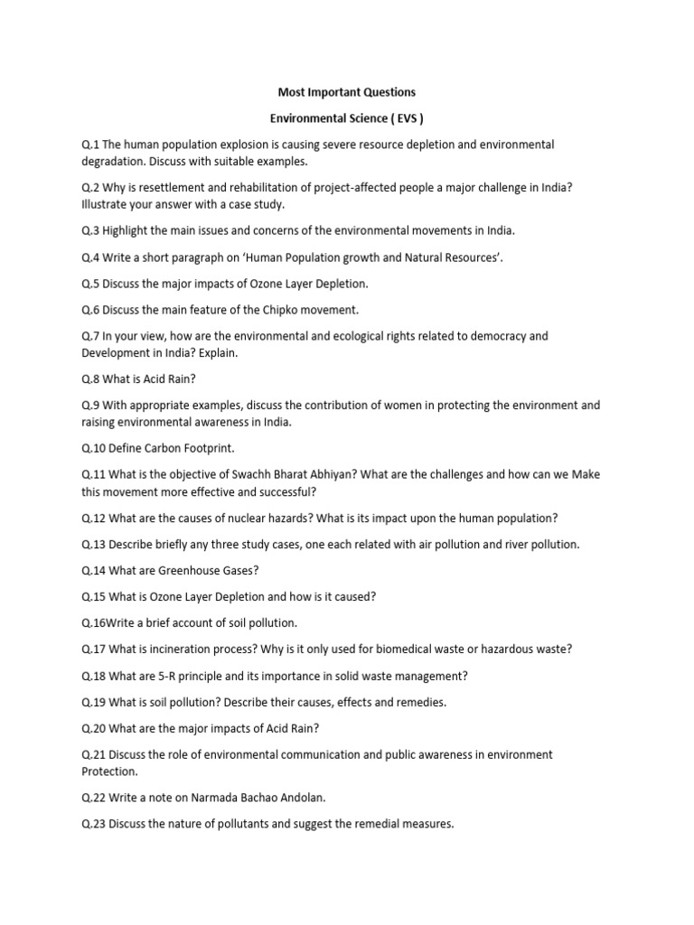 EVS Important Questions | PDF | Pollution | Natural Environment